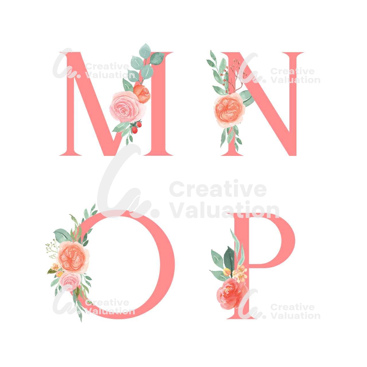 Pink Alphabet florals set collection, peach and orange peony flowers ...